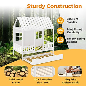 KOMFOTT Twin Size House Bed with Trundle, Wood Kid’s House Bed Frame with Roof, Windows, Fence Rails, Playhouse Bed Frame with Sturdy Bed Slats for Boys & Girls, No Box Spring Needed (White, Twin)