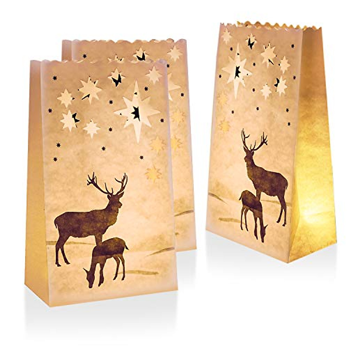 Homemory 24-Count Christmas Luminary Bags - Flame Resistant Tealight Candle Bags - Stars Elks Deer Luminaries for Thanksgiving, Christmas, Party Decoration