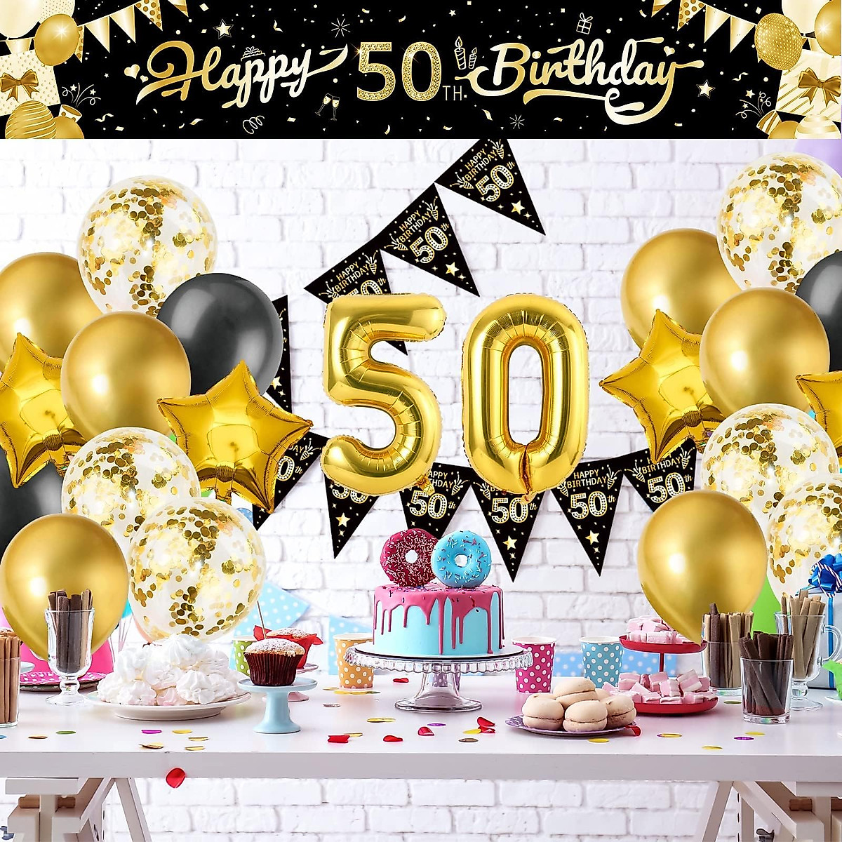 Large 9.8X1.6ft Happy 50th Birthday Decoration Banner, Black and Gold Happy Birthday Party Decoration Set Anniversary Celebration Backdrop 50th Birthday Foil Latex Balloons for Men and Women