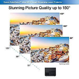 Epson EpiqVision Mini EF12 Smart Streaming Laser Projector, HDR, Android TV, Movies, Family Gaming, Portable, sound by Yamaha, 3LCD, Full HD 1080p, 1000 lumens Color & White Brightness Bluetooth Black