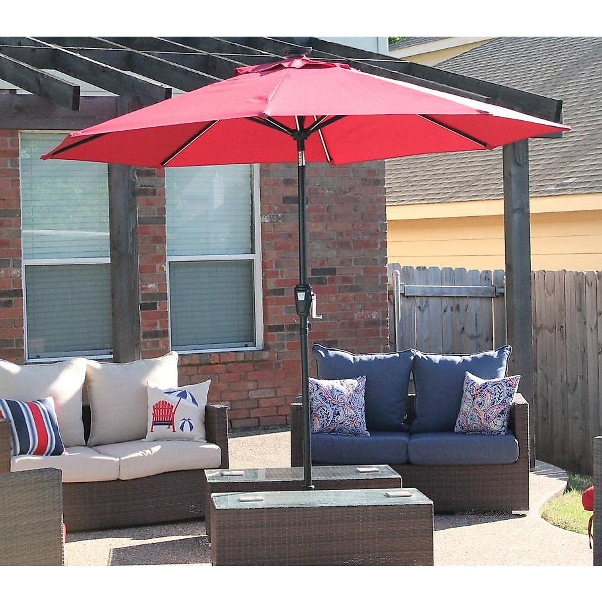 Sun-Ray 811028 9' Round Next Gen 8-Rib Solar Patio Umbrella 32 LED Within Unique Strip Lighting, Crank and Tilt, 9 ft, Scarlet/Red