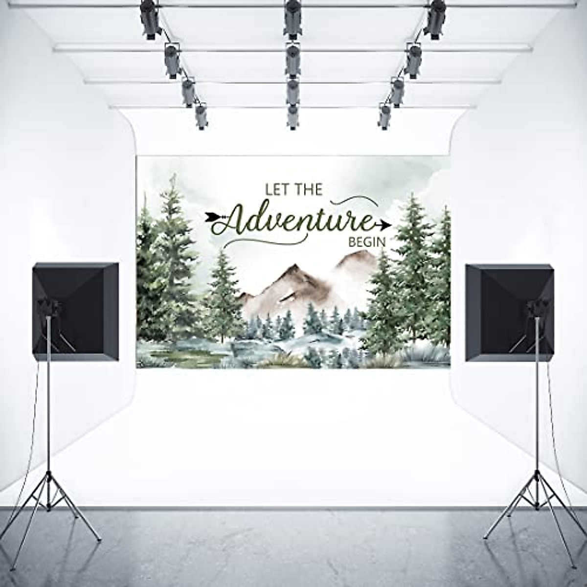 Aperturee Adventure Awaits Baby Shower Backdrop 7x5ft Let The Begin Pine Tree Mountain Wilderness Woodland Animals Photography Background Forest Party Decorations Photo Booth Props, multicolor