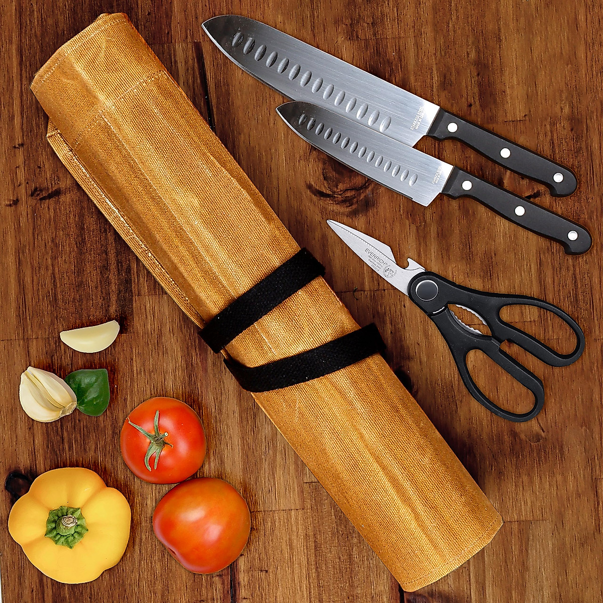 BRUJANE Knife Roll Bag with Cotton Rope | Waxed Canvas Knife Bag for Chefs & Culinary Enthusiasts | Folding Design | 8 Pockets, Holds 7.87-inch Knives (17”L x 21.5”W)
