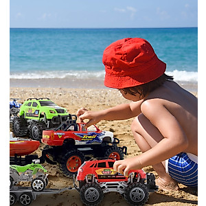 Mozlly Bundle of 2 Friction Powered Monster Trucks with ATV Trailer Playset, Push Powered Monster Truck with Speed Boat Transport Toys - Push & Go