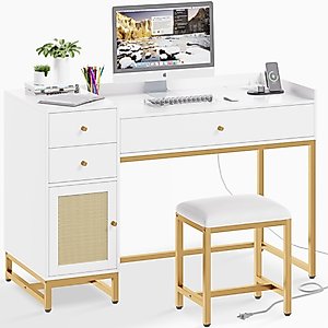 furlinkhm Computer Desk and Chair Set, White and Gold Desk with 3 Drawers and Rattan Cabinet,Home Office Desk with Power Outlets,Office Table and Chair Set for Writing Study Bedroom