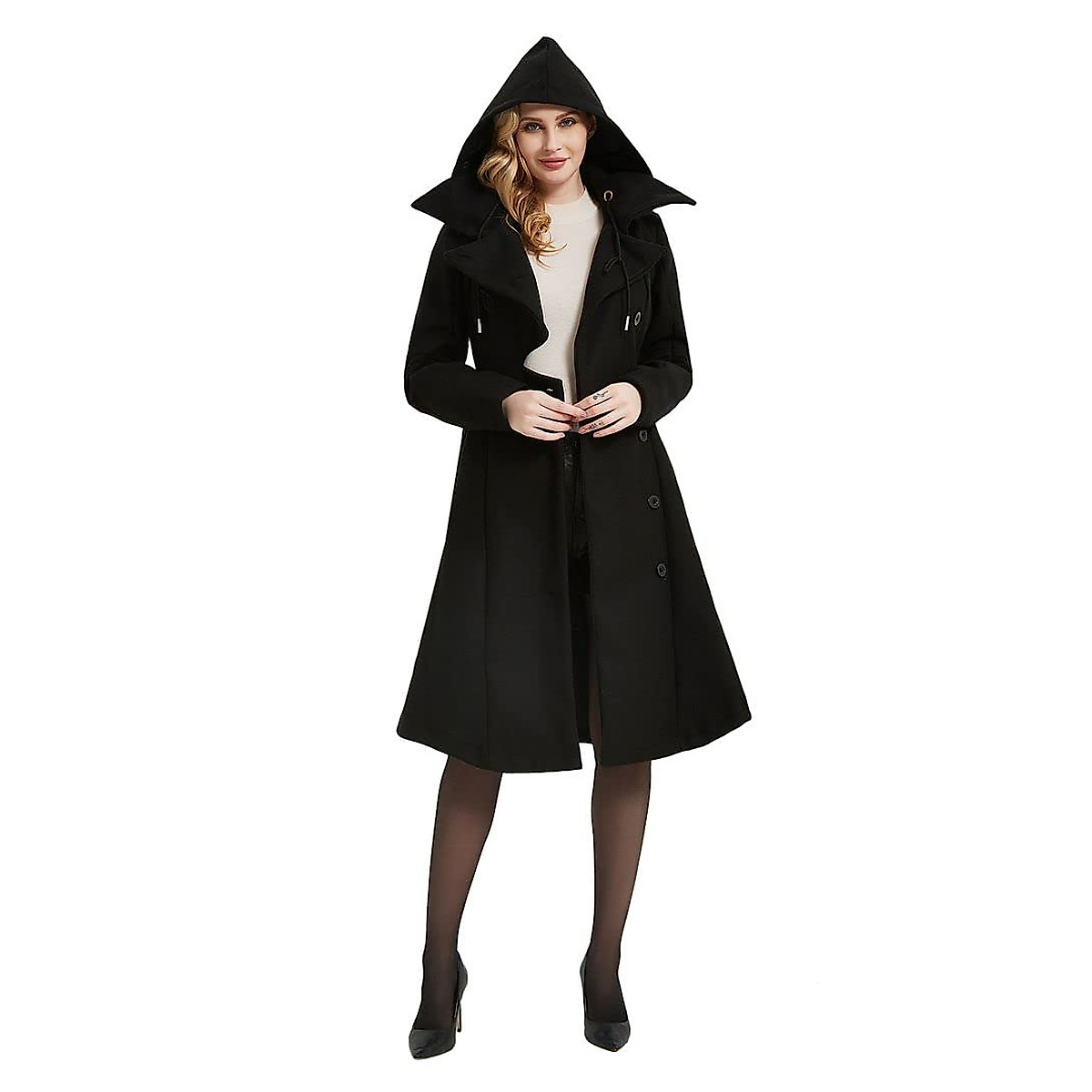 QZUnique Long Trench Pea Coat for Women - Wool Winter Trench Coat Goth Lapel Peacoat Outwear Thick Hood Pea Jacket Trenchcoat
