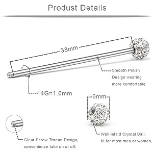 Incaton 14g Industrial Barbell Surgical Steel Cartilage Earrings CZ Industrial Earring Crystal Ferido Industrail Piercing 1 1/2"(38mm) Bar Length