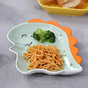 MyGift Fun Adorable Dinosaur Shaped Ceramic Plate, Cute Turquoise Cartoon Stegosaurus with Orange Spine, Small Serving Happy Dino Platter Snack Tray