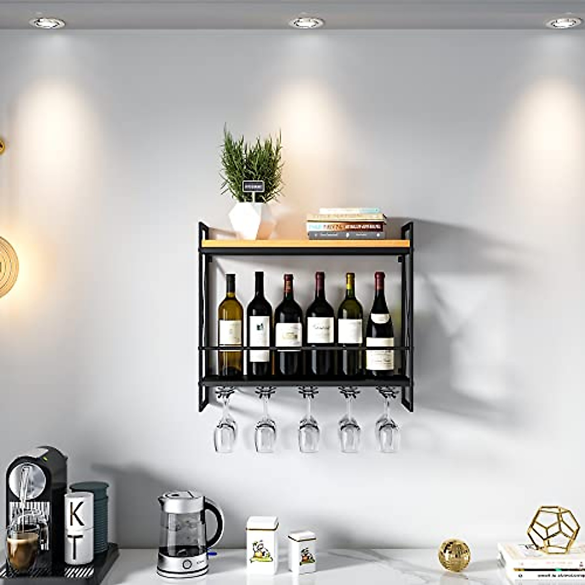 Fhesap Industrial Wine Rack Wall Mounted, Wall Wine Rack, Hanging Wine Rack, Wall Wine Racks for Wine Bottles, Wine Rack with Glass Holder, Metal Bar Rack, 2 Tier Wood Rack with 5 Goblet Holders