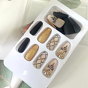 24Pcs Medium Press on Nails, Artificial Acrylic Fake Nails with Golden Rhinestones Designs, Full Cover Reusable Coffin Black Grid False Nails, Glue on Nails for Women Set, Stick on Nails for Nail Art