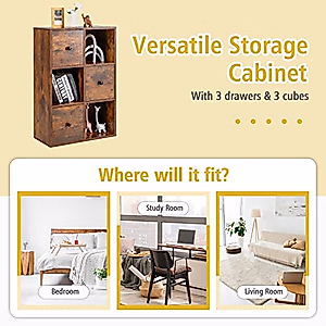 GOFLAME Floor Standing Bookcase Cabinet, 3-Tier Storage Organizer with 3 Cubes & 3 Drawers, Retro Bookshelf with Anti-toppling Device, for Office, Living Room, Study Room, Rustic Brown