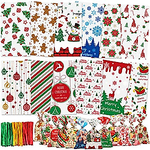 Moretoes 216pcs Christmas Treat Bags Cellophane Bags with 180pcs Twist Ties Snowflake & Gingerbread Man 12 Assorted Styles Goodie Bags for Christmas Party Supplies
