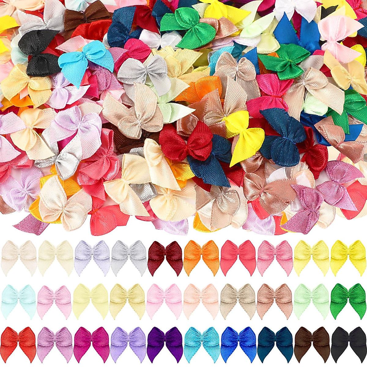 JUNEBRUSHS Multicolor Bows, 180Pcs Mini Satin Ribbon Bows Ribbon Small Tiny Bows for DIY Craft Sewing Scrapbooking