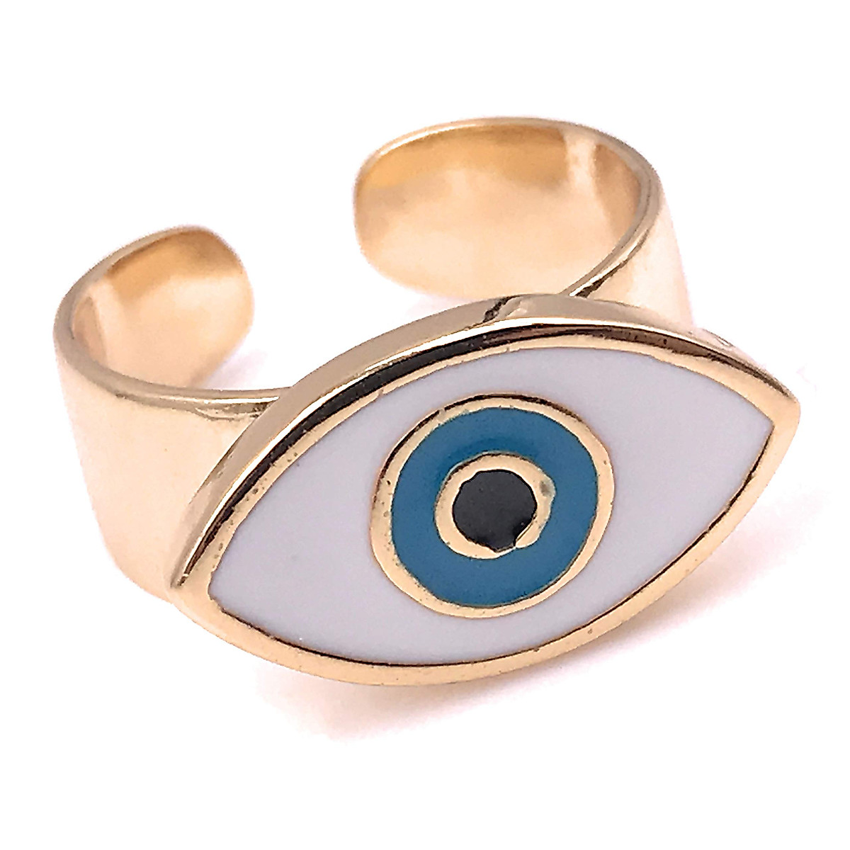 LESLIE BOULES 18K Gold Plated Evil Eye Enamel Ring Adjustable for Women