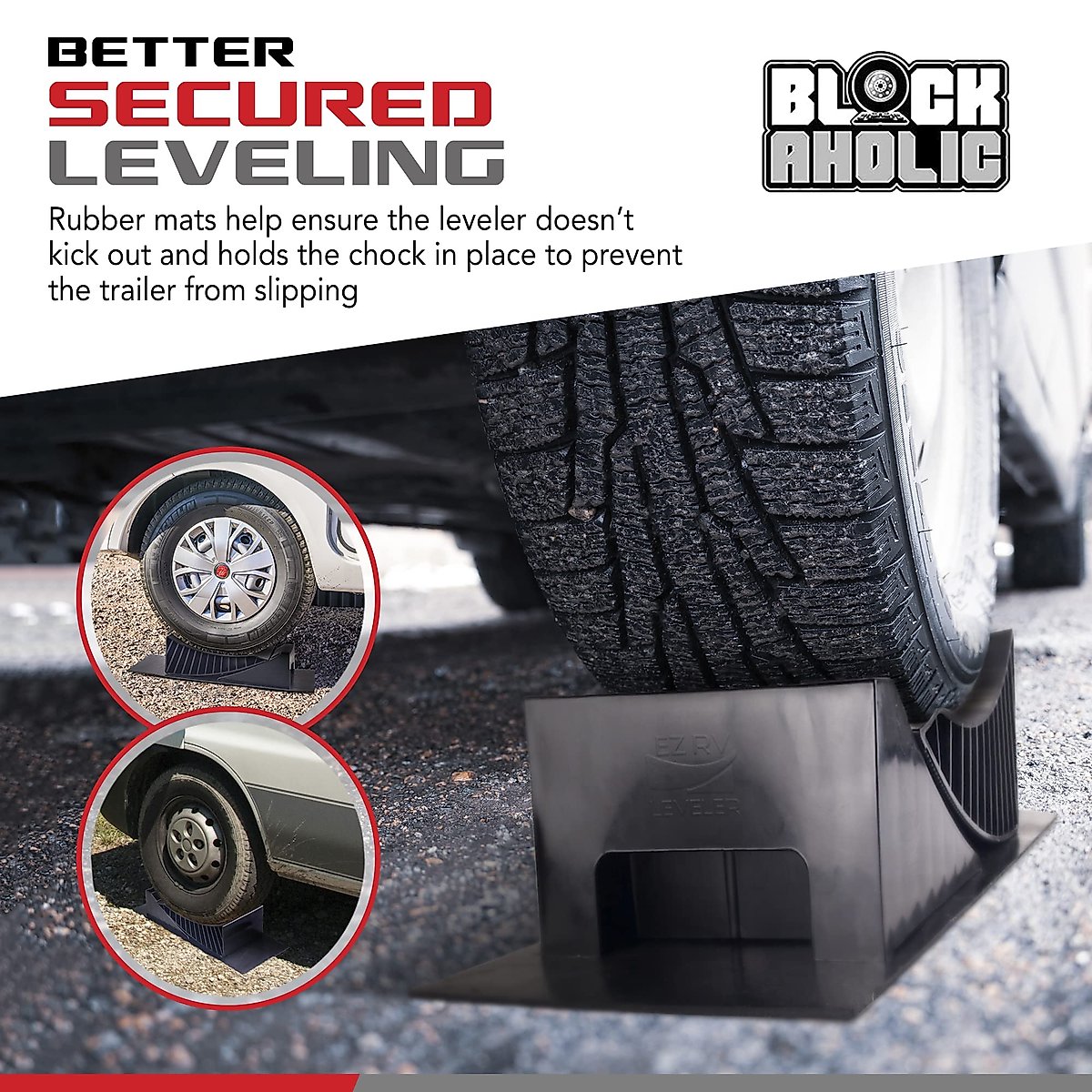 EZ RV Leveler - Curved Leveling Ramp with Chocks and Rubber Mat - RV Trailer Camper Leveling Blocks - 2 Pack for Tandem Axle Campers