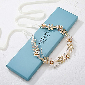 SWEETV Flower Girl Hair Accessories for Wedding Headpieces Flower-Leaf Girls Headband Princess Crystal Pearl Hair Pieces for Birthday Party, First Communion