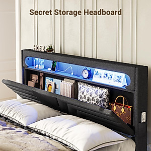 BTHFST Queen Floating Bed Frame with RGB LED Lights Headboard, USB-C/A Power Combo, Linen Upholstered Platform Bed with Storage Headboard, Innovative Stable Structure, Dark Gray