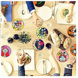 8 Pcs Halloween Diamond Paintings Coasters Kits with Holder, DIY Jack and Sally Coaster Diamond Art Kits,Full Drill Rhinestone Painting Kits for Adults & Kids,Beginners Art Craft Supplies