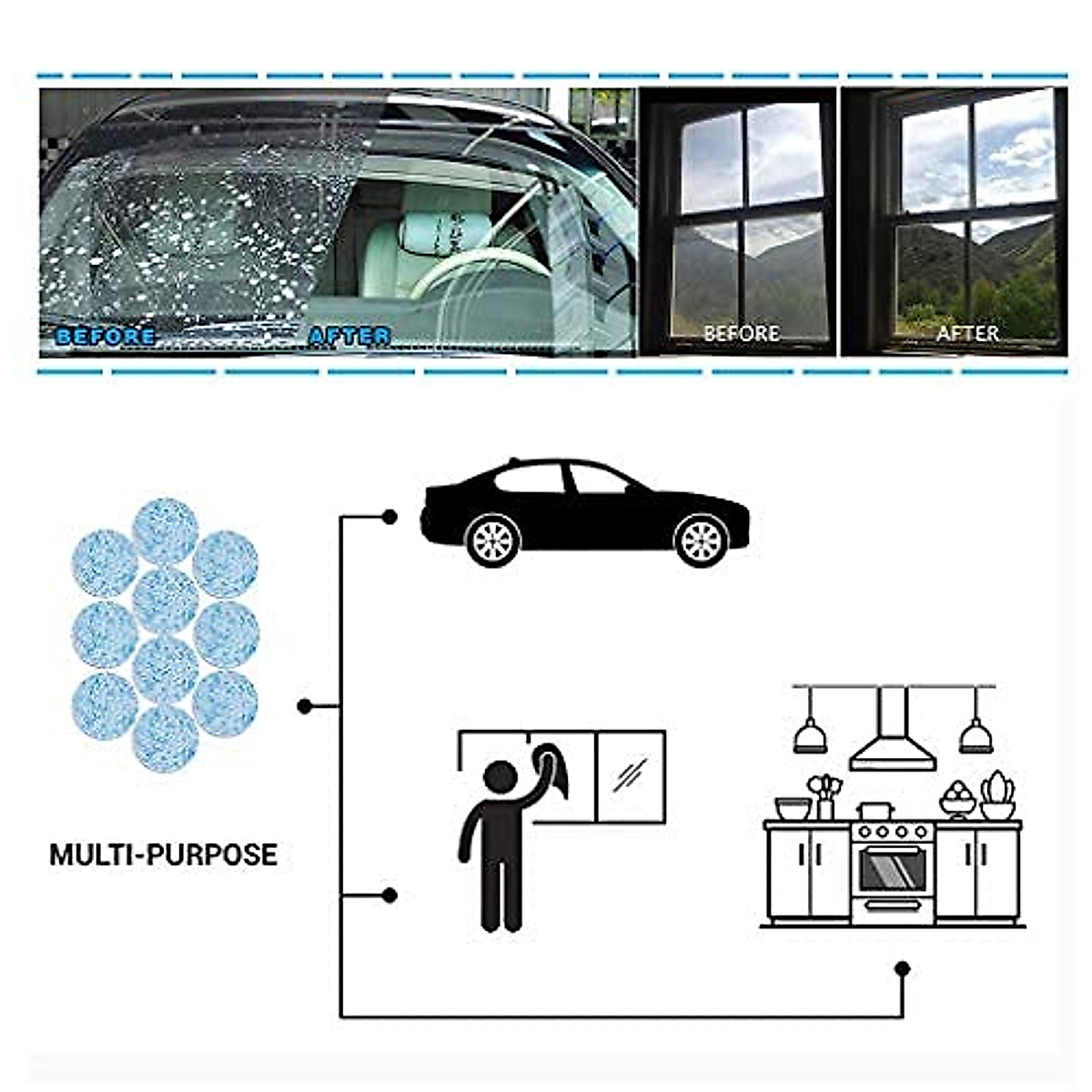 Blulu 60 Pieces Car Windshield Glass Concentrated Washer Tablets Windshield Washer Fluid Solid Car Effervescent Tablets Glass Solid Wiper Cleaning Tablets for Car Kitchen Window