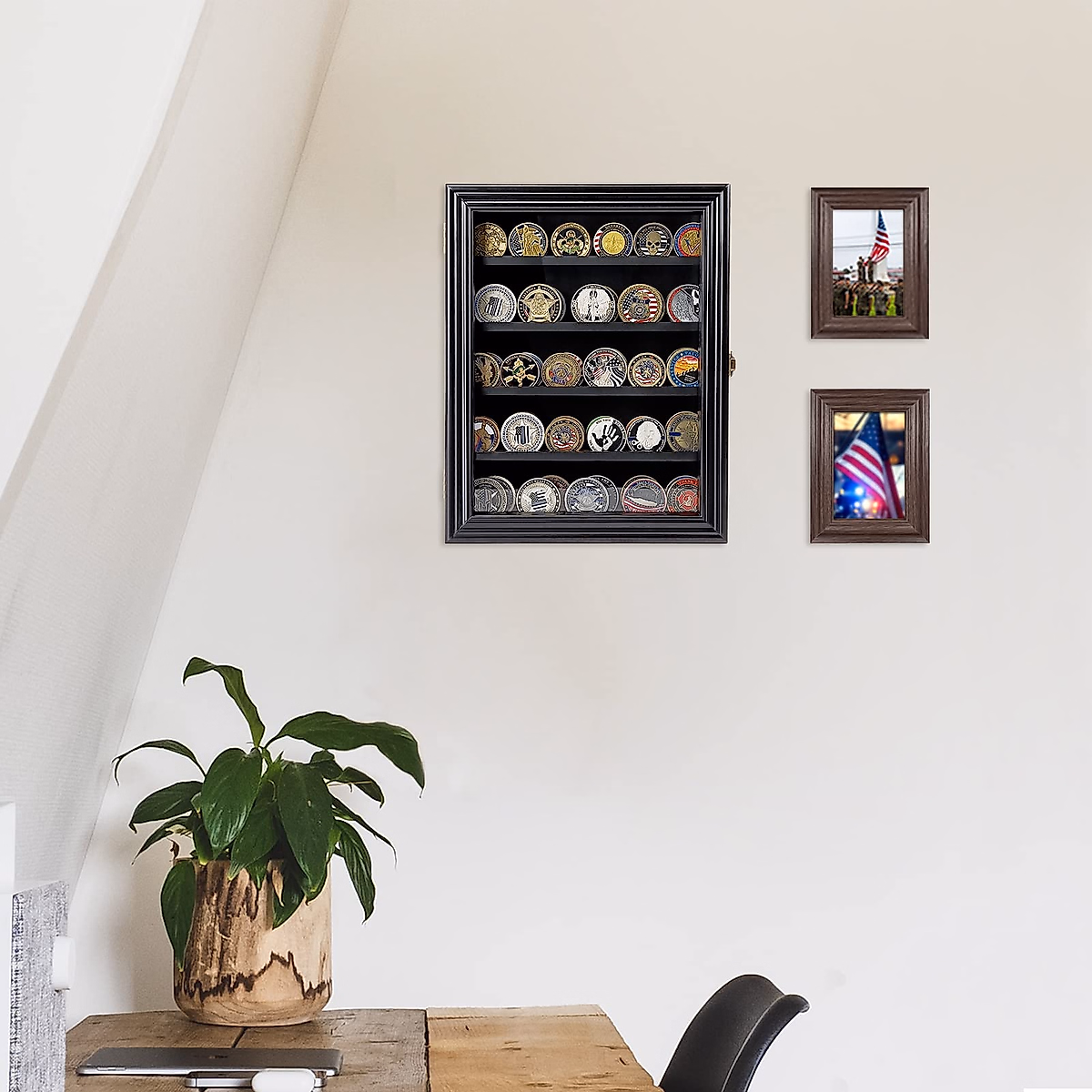 ASmileIndeep Military Challenge Coin Display Case Holder with HD Toughened Glass and Wall Mount, Wooden Coin Stand Rack with Removable 2 Grooves Shelves for Poker Chips Collectibles, Black…