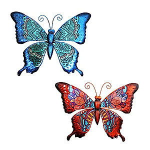 HONGLAND Metal Butterfly Wall Decor Indoor Outdoor Wall Art Metal Glass Butterfly Sculptures 2 Pack for Home Garden Fence Patio
