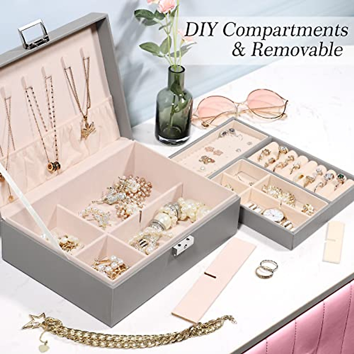 Allinside Jewelry Box Organizer for Women Teen Girls, 2 Layers PU Leather Jewelry Display Storage Case with Lock, Velvet Lining, Choice, Gray