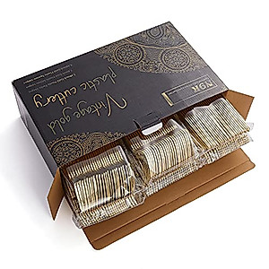 N9R 300pcs Gold Plastic Silverware Dinnerware Flatware- Heavyweight Gold Plastic Cutlery Set, 100 Gold Forks, 100 Gold Spoons, 100 Gold Knives, Gold Utensils for Party, Wedding,Birthday