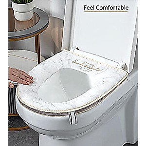 CHZJ Duoduo Toilet Seat Cover with Zipper, Washable Standard Toilet Lid Cover with Handle, Soft Thicken Warm Cover Pad Cushion for Bathroom, Fits All Elongated (Oval) Toilet Seats (White)