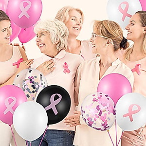84 Pieces Pink Ribbon Balloons Breast Cancer Awareness Balloons Transparent Confetti Glitter Balloons Set for Party Decoration