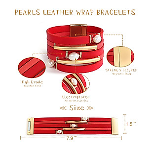 hotoo Baroque Natural Pearls Bracelets Boho Red Leather Wrap Bracelets for Women Gold Tube Bohemian Multi-Layer Cuff Bracelet Bangle with Buckle Jewelry Gifts