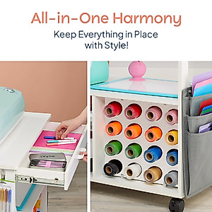 iVyne Craft Cart, Ultimate Organization & Storage Table for Cricut/Silhouette, Craft Table with Storage, Workstation for Accessories, iVyne Berry, Vinyl Rolls, and More - White