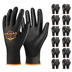OKIAAS Work Gloves for Men，Ultra Thin and Lightweight Working Gloves with Grip, 12 Pairs Bulk Pack Construction Gloves with Polyurethane Coating, Safety Gloves for Light Duty Work (Black, Large)