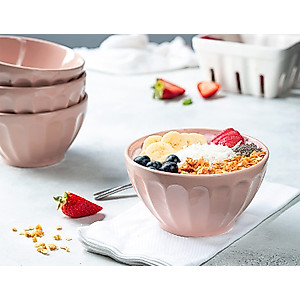 KooK Ceramic Cereal Bowl Set, Kids Breakfast Bowls, Fluted, Microwave and Dishwasher Safe, Kitchen Bowls, For Soup, Pasta, Salad, Dessert, 20 oz, Set of 6 (Dusty Pink)