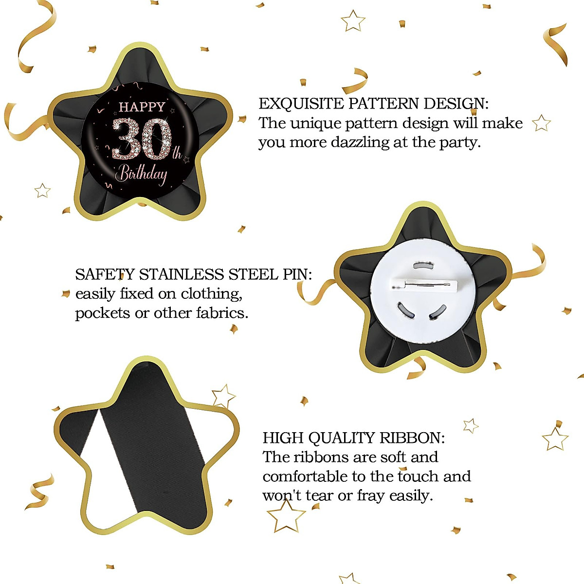 Black Happy 30th Birthday Tinplate Badge Pin, Black Rosette It's My 30th Birthday Button, Diamond 30th Birthday Award Badge Pin, Thirty Years Old Birthday Party Decorations