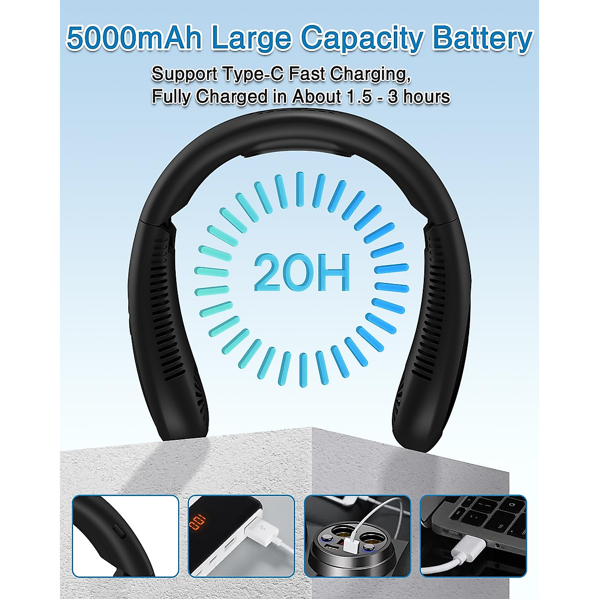 Neck Air Conditioner, 5000mAh Portable Neck Fan with Semiconductor Cooling Airflow Bladeless USB Neck Fans Portable Rechargeable with 3 Speeds, LED Display, Personal Fan for Outdoor Travel Indoor