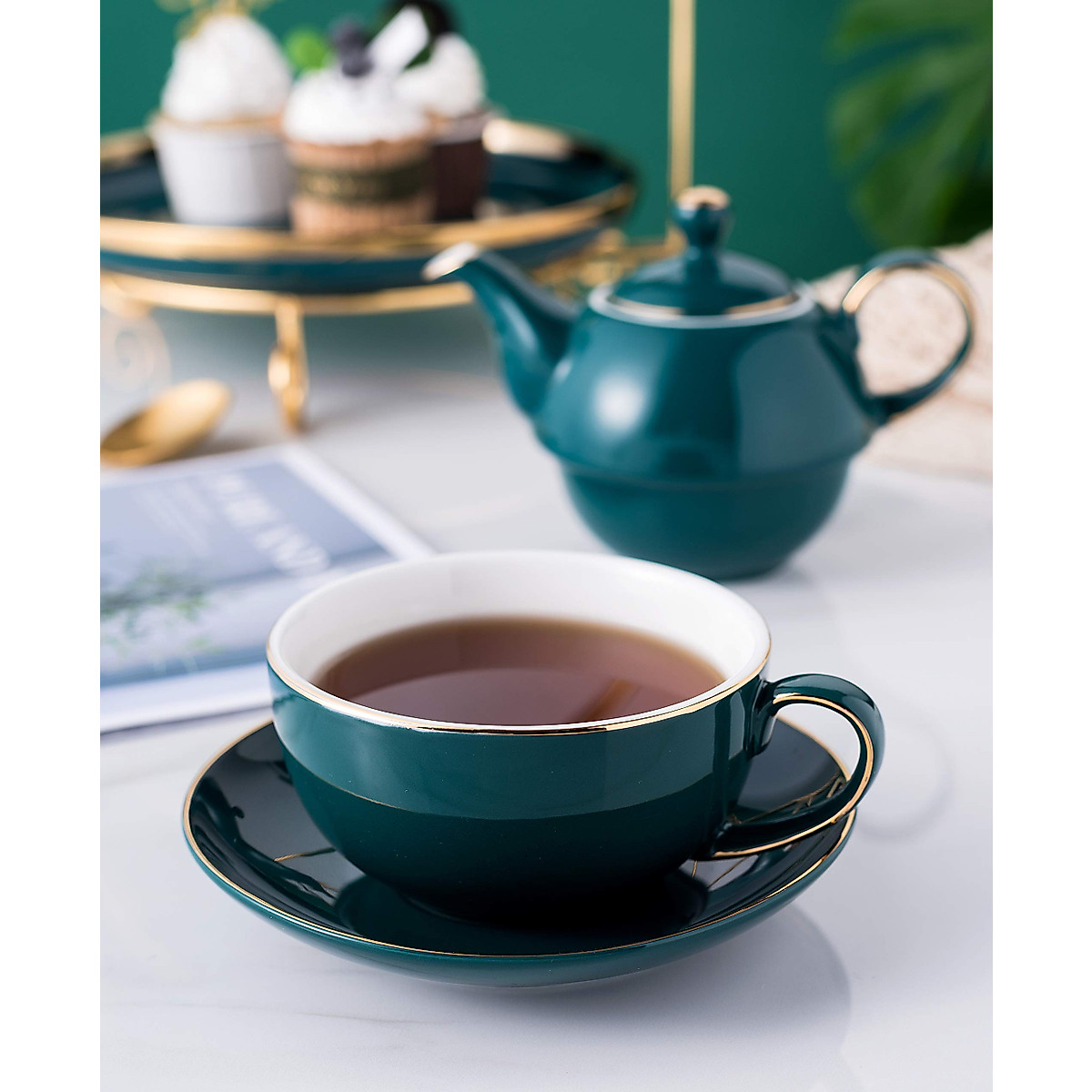 Jusalpha Dark Turquoise Green Fine China 16 OZ Teapot- Tea cup- Saucer Set, Tea-for-One set #08
