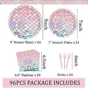 96 Pcs Mermaid Birthday Party Supplies Plates and Napkins Set for 24 Guests, Little Mermaid Party Decorations Ocean under the Sea Party Tableware Plate, Fork, Napkins for Princess Girls Baby Shower