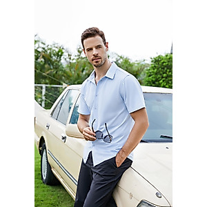 WARHORSEE Mens Knit Dress Shirts Short Sleeve Performance Moisture Wicking Wrinkle Free 4 Way Stretch Casual Button Down Shirt,White,L