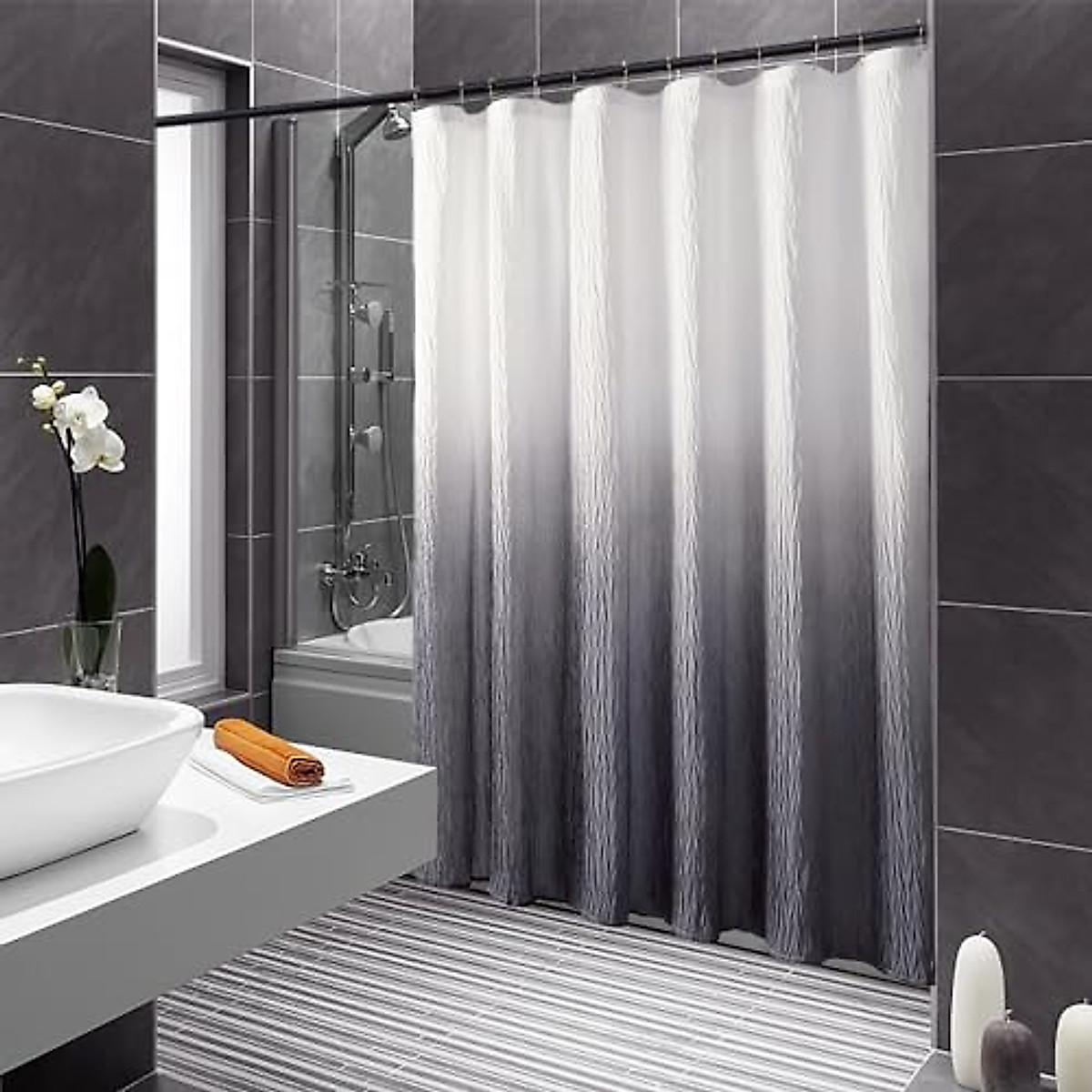 Reeple Ombre Shower Curtain Set with Hooks for Bathroom Textured Waterproof Gradient Fabric Bath Shower Curtain 72 x 72 Inches Grey