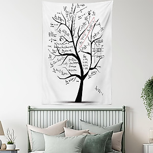 Lunarable Mathematics Room Tapestry King Size, Math Tree Branches Complex Formulas Solution Knowledge Print, Wall Hanging Bedspread Bed Cover Wall Decor, 30" X 45", Black and White