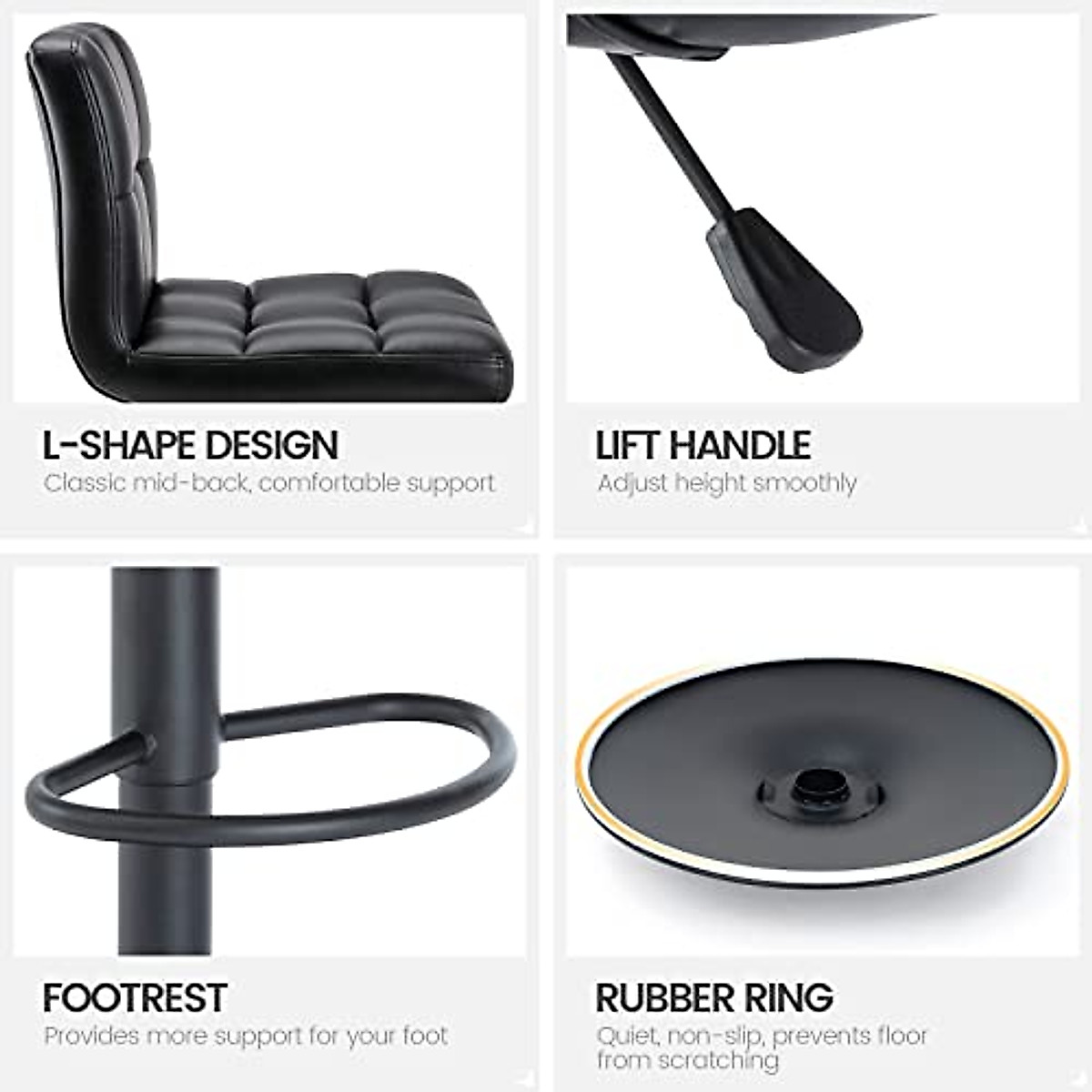 Vogue Furniture Direct PU Leather Square Bar Stools, Modern Adjustable Swivel Barstools with Back, Armless Airlift Counter Height Chairs for Kitchen Dining Pub Cafe, Set of 2 (Black, Black Base)