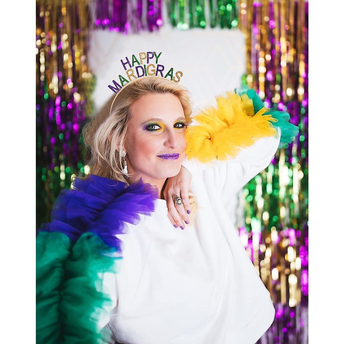 HEIDKRUEGER Mardi Gras Headbands Glitter Clown Jester Fleur De Lis Headband Enamel Letter Carnival Costume Party Hair Hoop Accessory