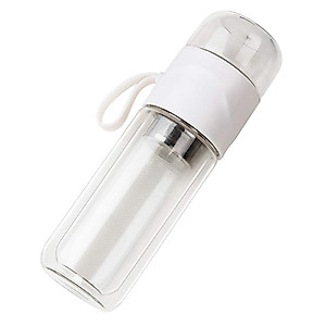 Glass Tea Bottle Double Layer Glass Tea Infuser,14 oz Travel Mug with Strainer Tea Bottle for Loose Leaf Tea, Tea Cup with Stainless Steel Mesh Filter, Portable Glass Water Bottle (White)…
