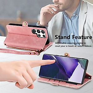 Asuwish Phone Case for Samsung Galaxy S22 Ultra 5G Wallet Cover with Tempered Glass Screen Protector and Flip Zipper Card Holder Stand Cell Accessories S22ultra 22S S 22 S22ultra5g 6.8 Women Men Pink