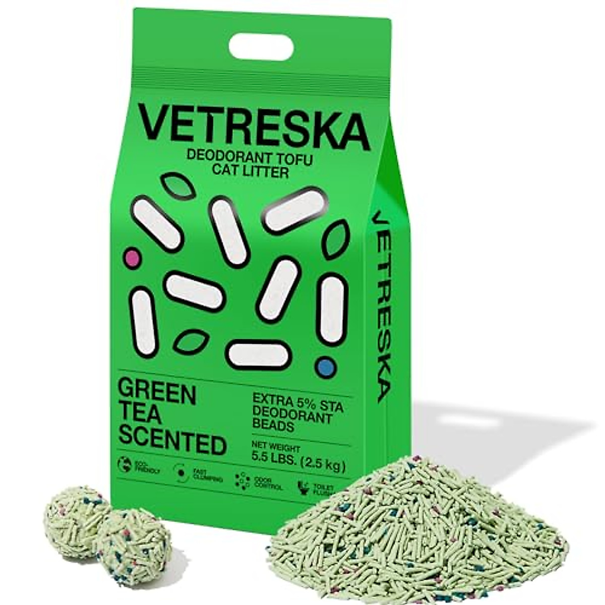 VETRESKA Tofu Cat Litter,Natural Kitty Litter Strong Clumping Flushable Cat Litter Pellets Ultra Absorbent Deodorant Tofu Litter,Dust-Free,Low Tracking,Eco-Friendly,Green Tea(5.5lb×1bag)