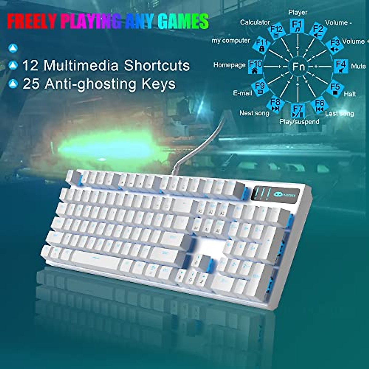 MageGee Mechanical Gaming Keyboard, Wired USB Adjustable Backlight Keyboard, New Mechanical Storm 100% Anti-ghosting Keyboard with Red Switches for Windows PC/MAC Games (White)