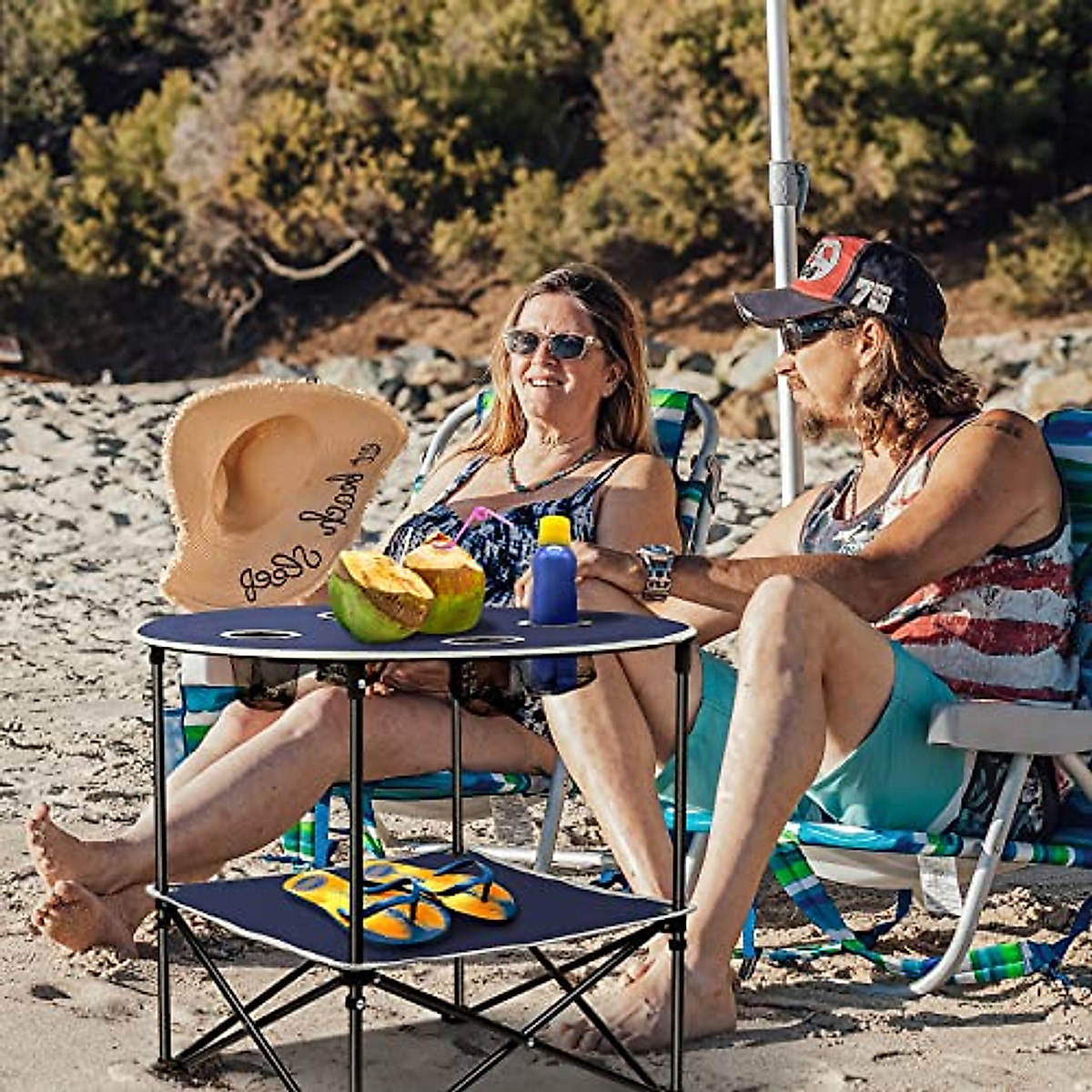 LESES Portable Picnic Table with Shelf Beach Table Outdoor Folding Camping Tables That Fold Up Lightweight with Cup Holders with Storage Bag