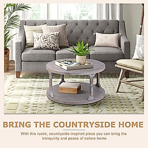 P PURLOVE Round Rustic Coffee Table, Wood Storage Shelf for Living Room with Dusty Wax Coating 35.4 Inch, Grey Wash