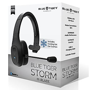 Blue Tiger Storm in Black - Wireless Bluetooth Professional Trucker and Office Headset with Microphone, Dongle & Cooling Gel Ear Cushion – Fastest Charge, Noise Cancelling, Clear Sound, Bluetooth 5.0