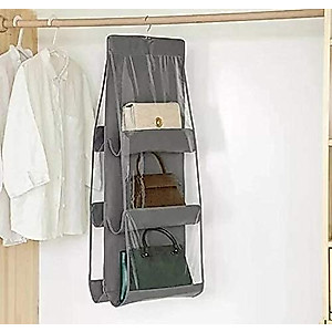 WONSHREE Hanging Handbag Organizer for Closet Wardrobe Purse Clutch Tote Bag Collection Storage Holder with 6 Clear Easy Access Pockets Over The Door Organizer,Space Saving Organizers, Grey